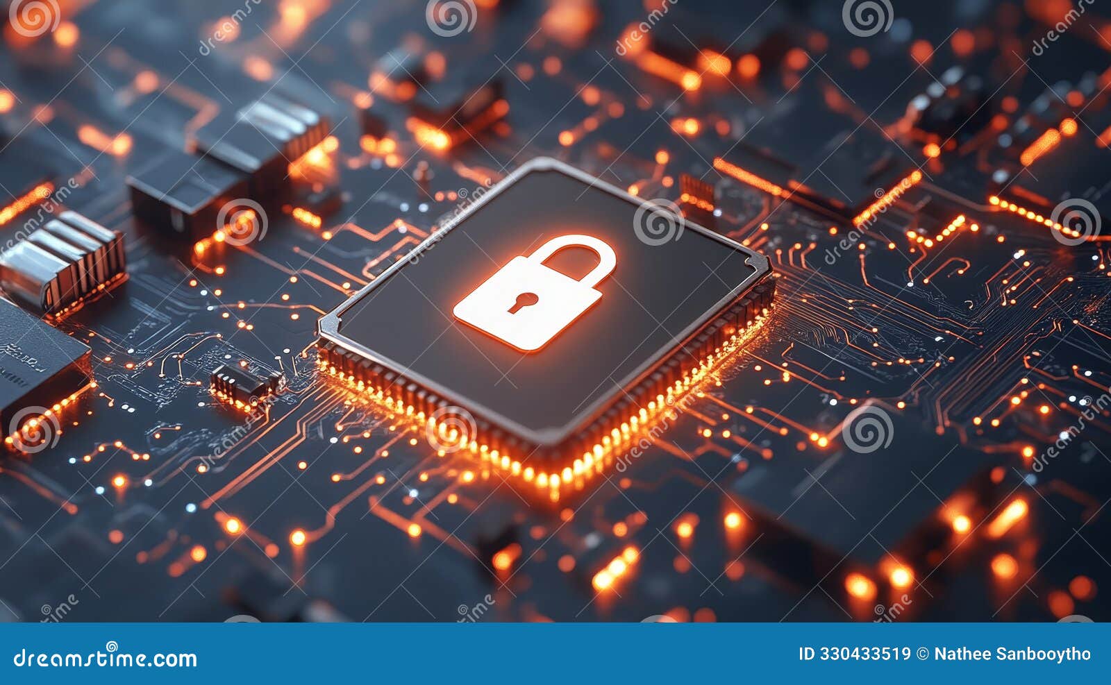 Cybersecurity Chip with Glowing Padlock Symbol Stock Illustration ...