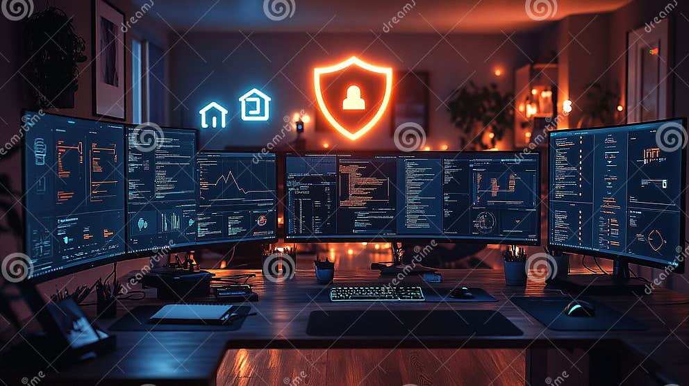 Cybersecurity Command Center with Multiple Monitors and Neon Security Icons. AI Generated. Stock ...