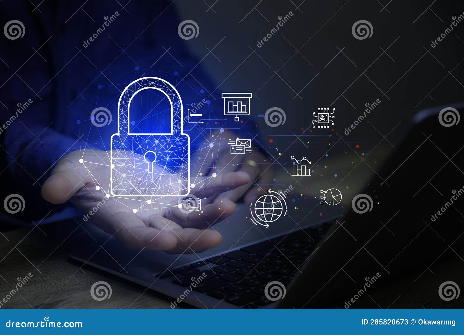 Cybersecurity Concept, Businessman Hand Touching Virtual Key Shield for ...
