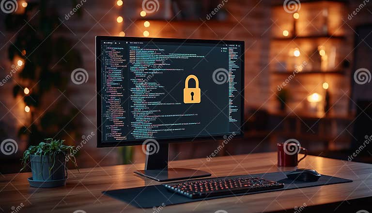 Cybersecurity Concept. Computer Screen with Lock Icon and Code in Trendy Loft Interior Stock ...