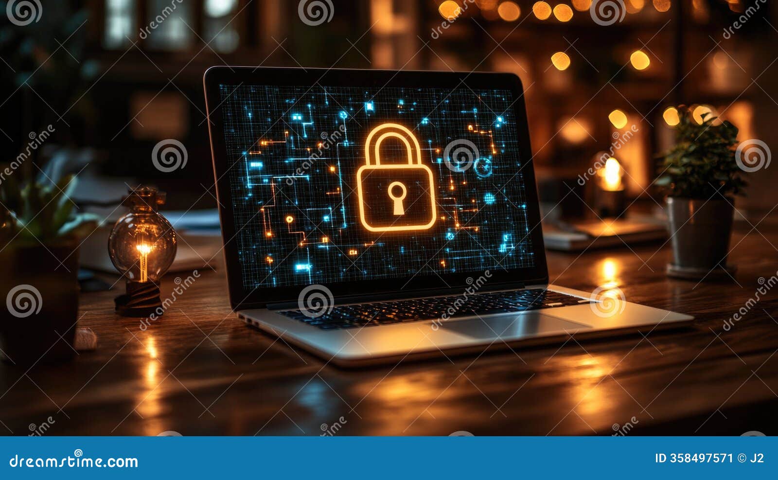 Cybersecurity Concept with Digital Lock Symbol on Laptop Screen in Warm ...