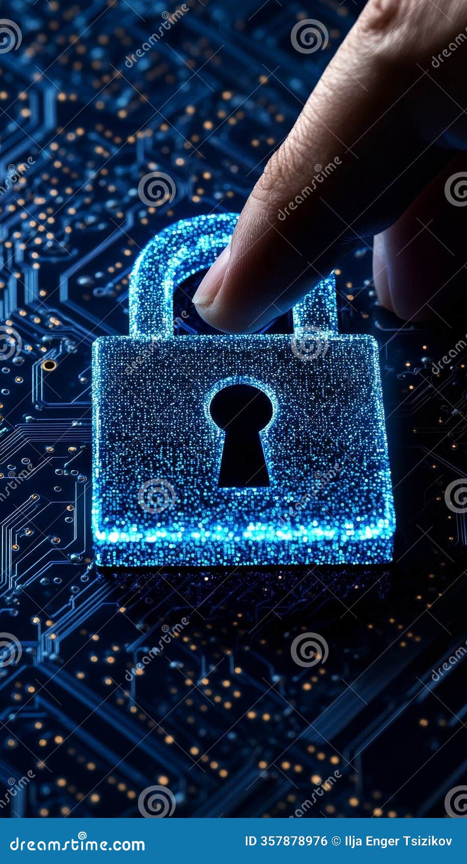 Cybersecurity Concept, Finger Pointing At Glowing Digital Padlock On A ...