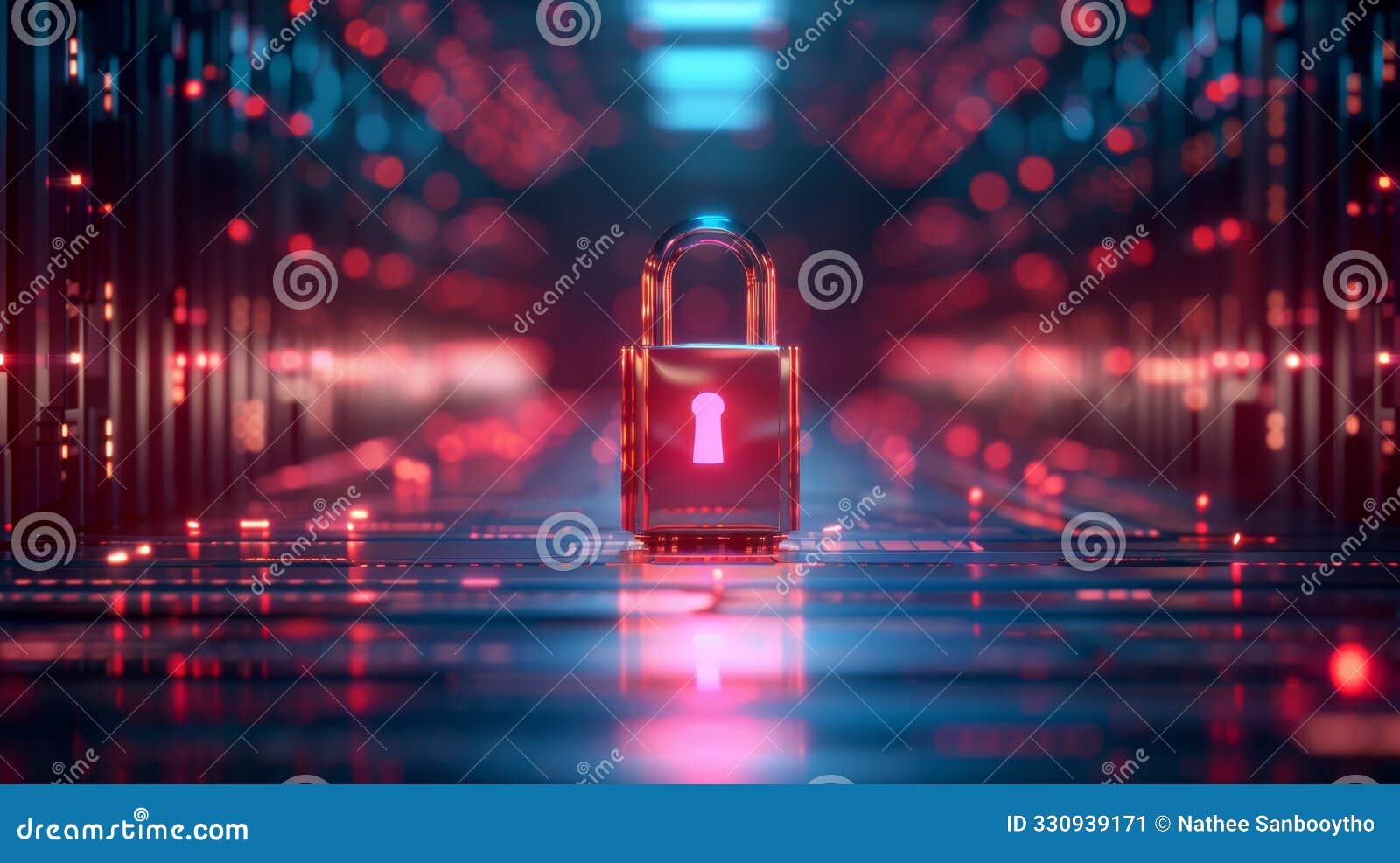 Cybersecurity Concept with Glowing Padlock in Server Room Stock ...