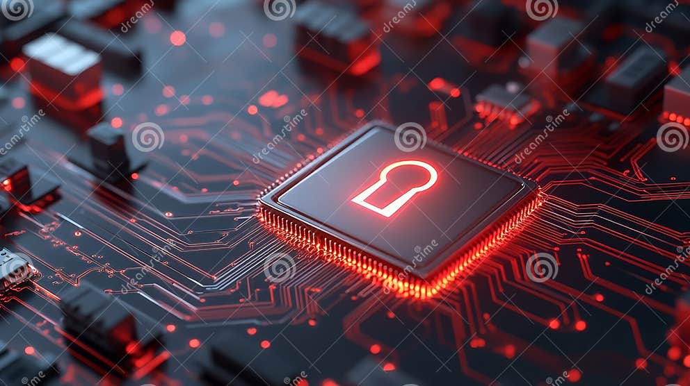 Cybersecurity Concept with Glowing Red Lock on Circuit Board Stock ...