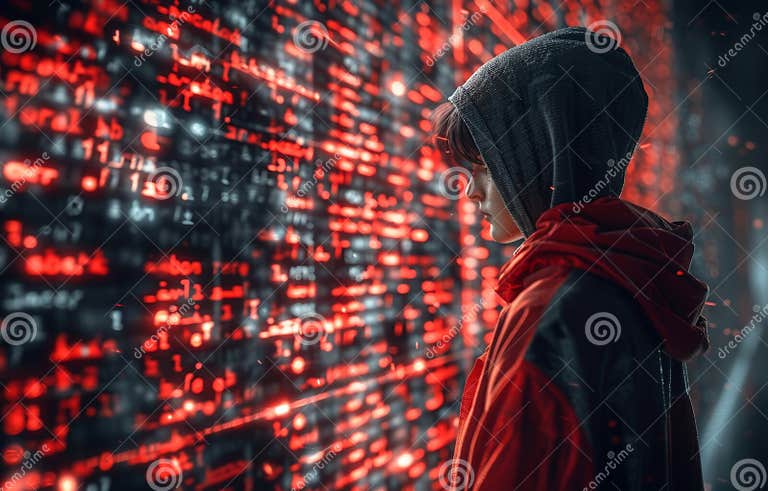 Cybersecurity Concept with Hacker in Hoodie Analyzing Digital Code on ...
