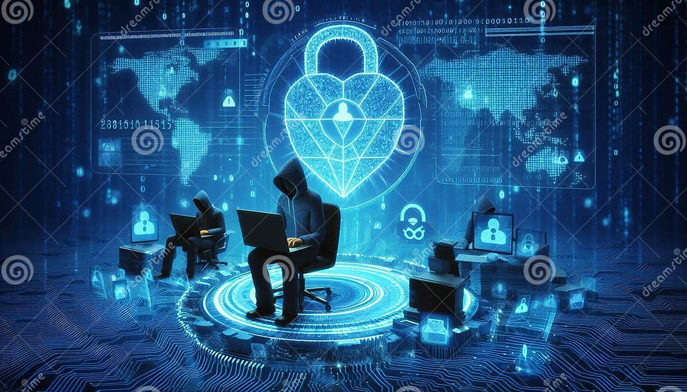 Cybersecurity Concept with Hackers and Digital Lock Stock Illustration ...