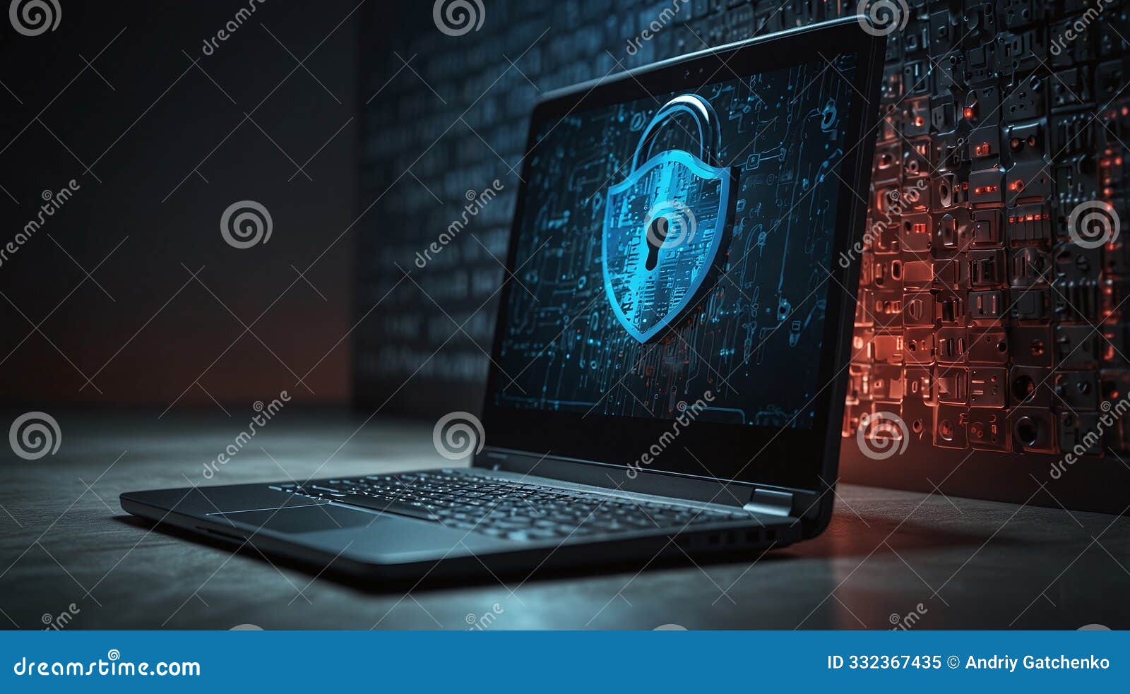 Cybersecurity Concept: Laptop with Digital Lock Symbol on Screen in ...