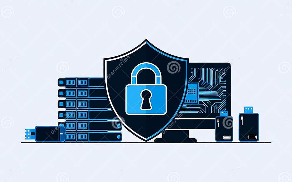 Cybersecurity Concept with Lock, Shield, Computer, and Storage Devices ...