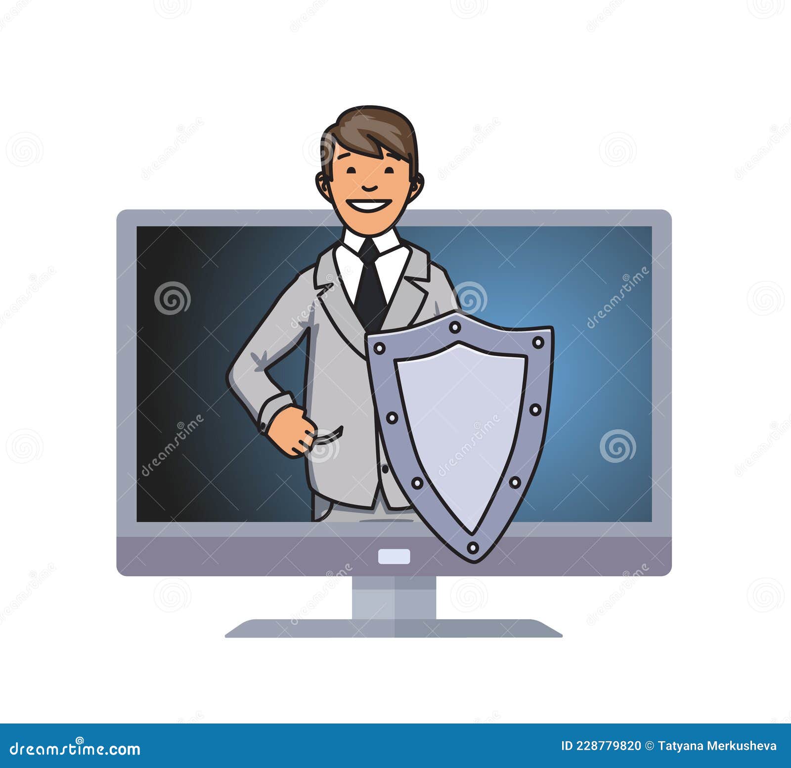 Cybersecurity Concept. a Man with a Shield Looking from a Computer ...