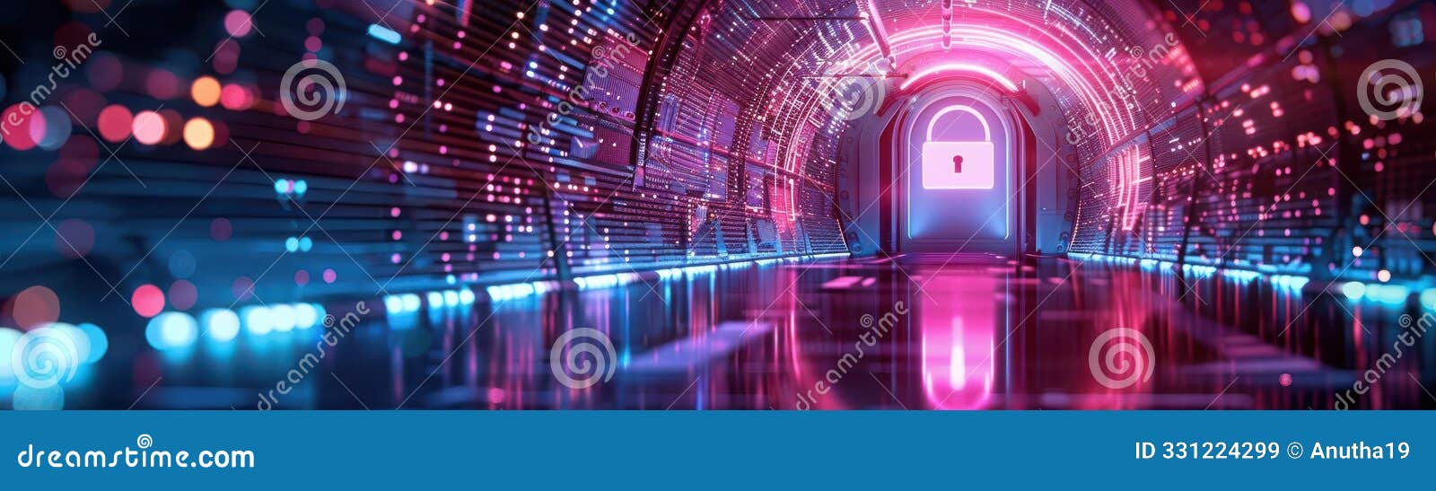 Cybersecurity Concept: Neon Tunnel with Secure Lock Symbol Stock ...