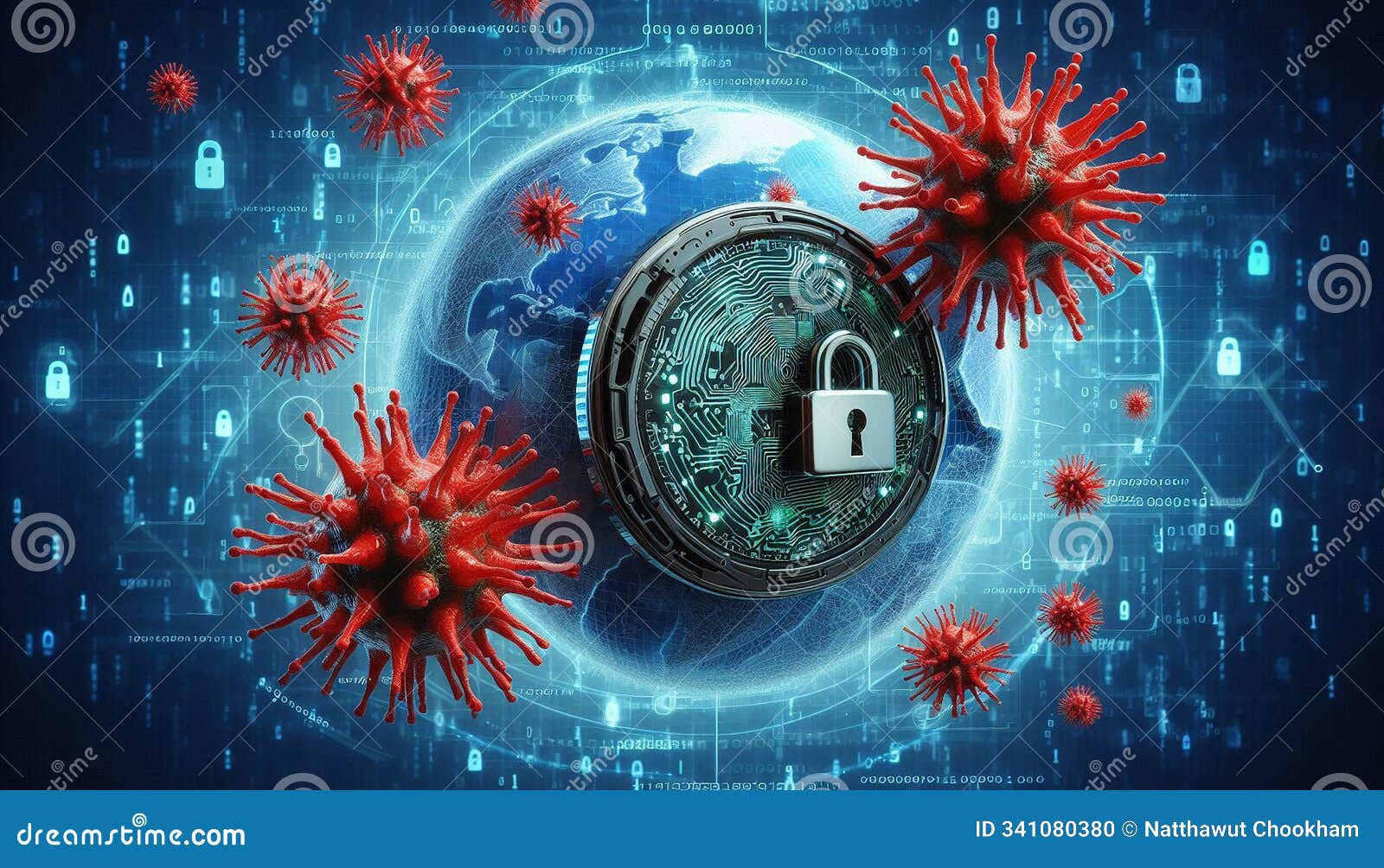 Cybersecurity Concept with Virus and Lock Symbol Stock Illustration ...