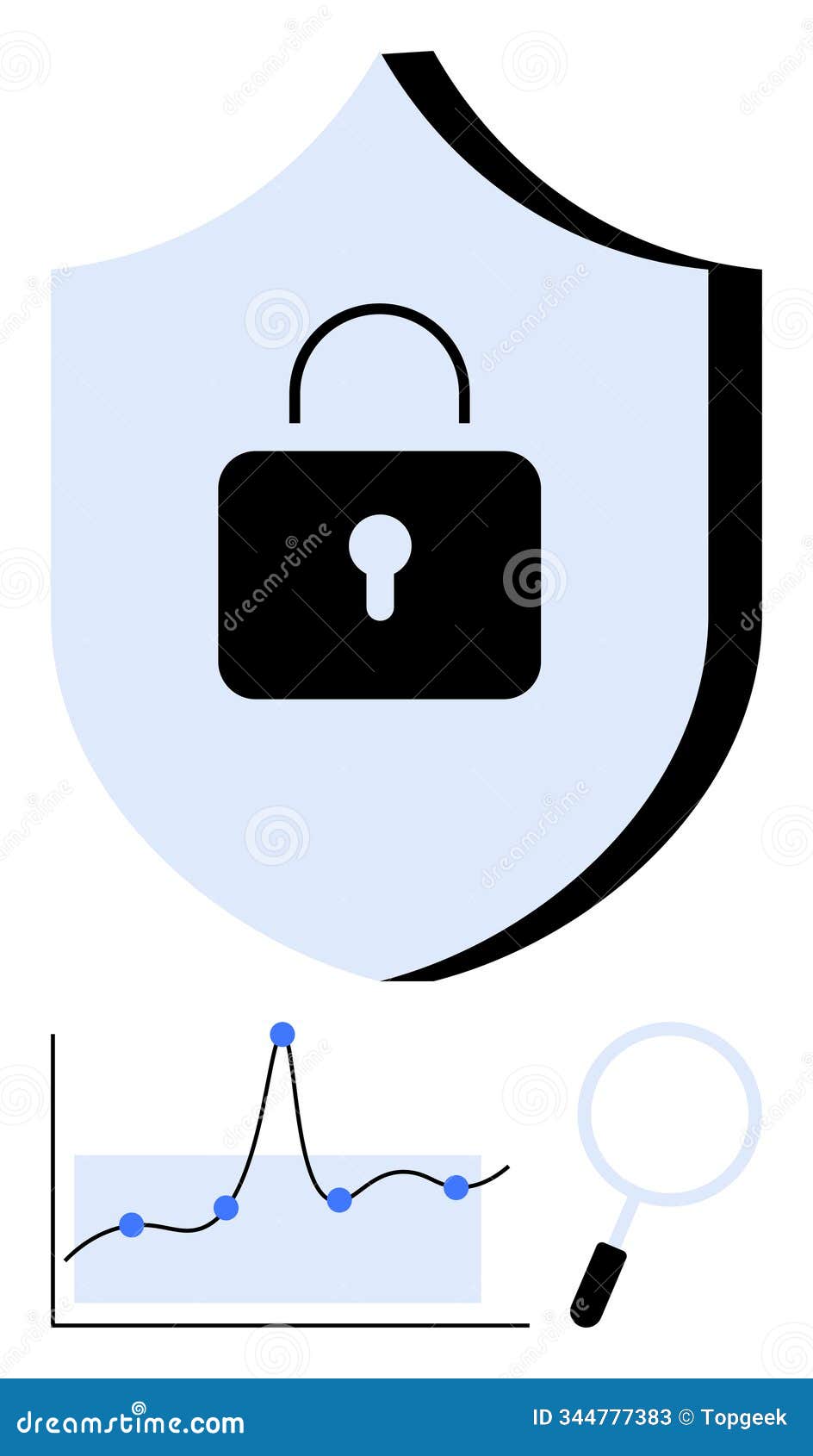 Cybersecurity and Data Analysis Shield, Lock, Graph, and Magnifying ...