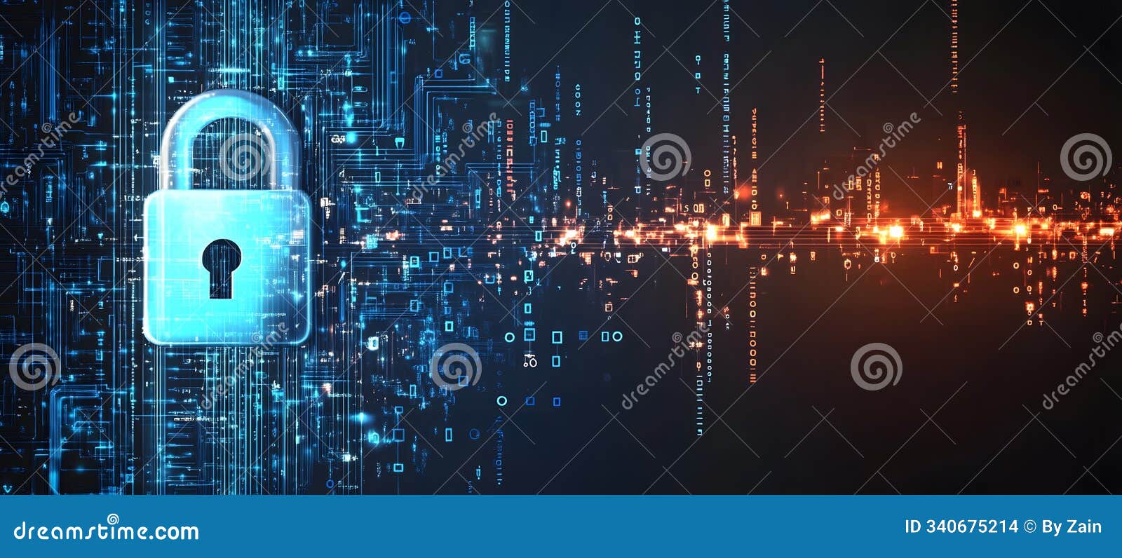 Cybersecurity Digital Lock with Blue and Orange Data Streams Dark ...