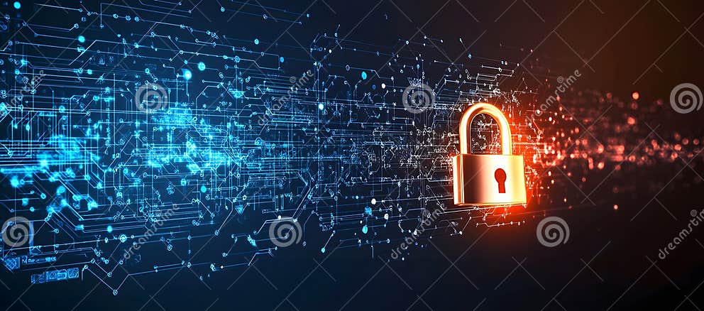 Cybersecurity Digital Lock with Blue and Orange Data Streams Dark ...
