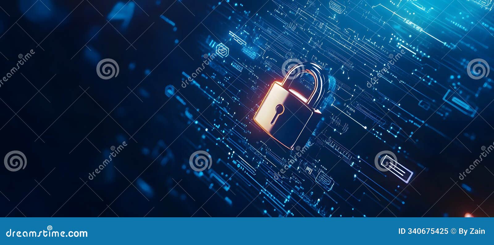 Cybersecurity Digital Lock with Blue and Orange Data Streams Dark ...