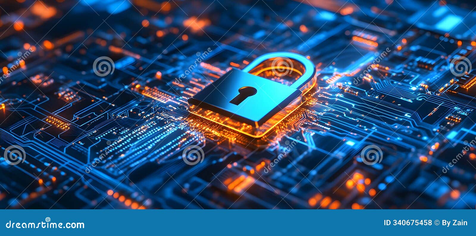 Cybersecurity Digital Lock with Blue and Orange Data Streams Dark ...