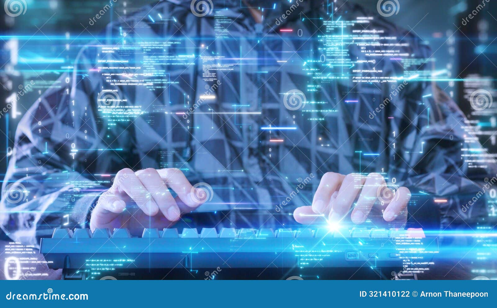 Cybersecurity Expert Typing On A Keyboard Surrounded By Floating Digital Codes Binary Numbers