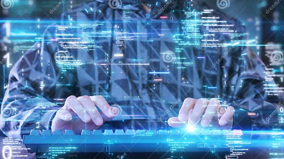 Cybersecurity Expert Typing on a Keyboard, Surrounded by Floating Digital Codes Binary Numbers ...