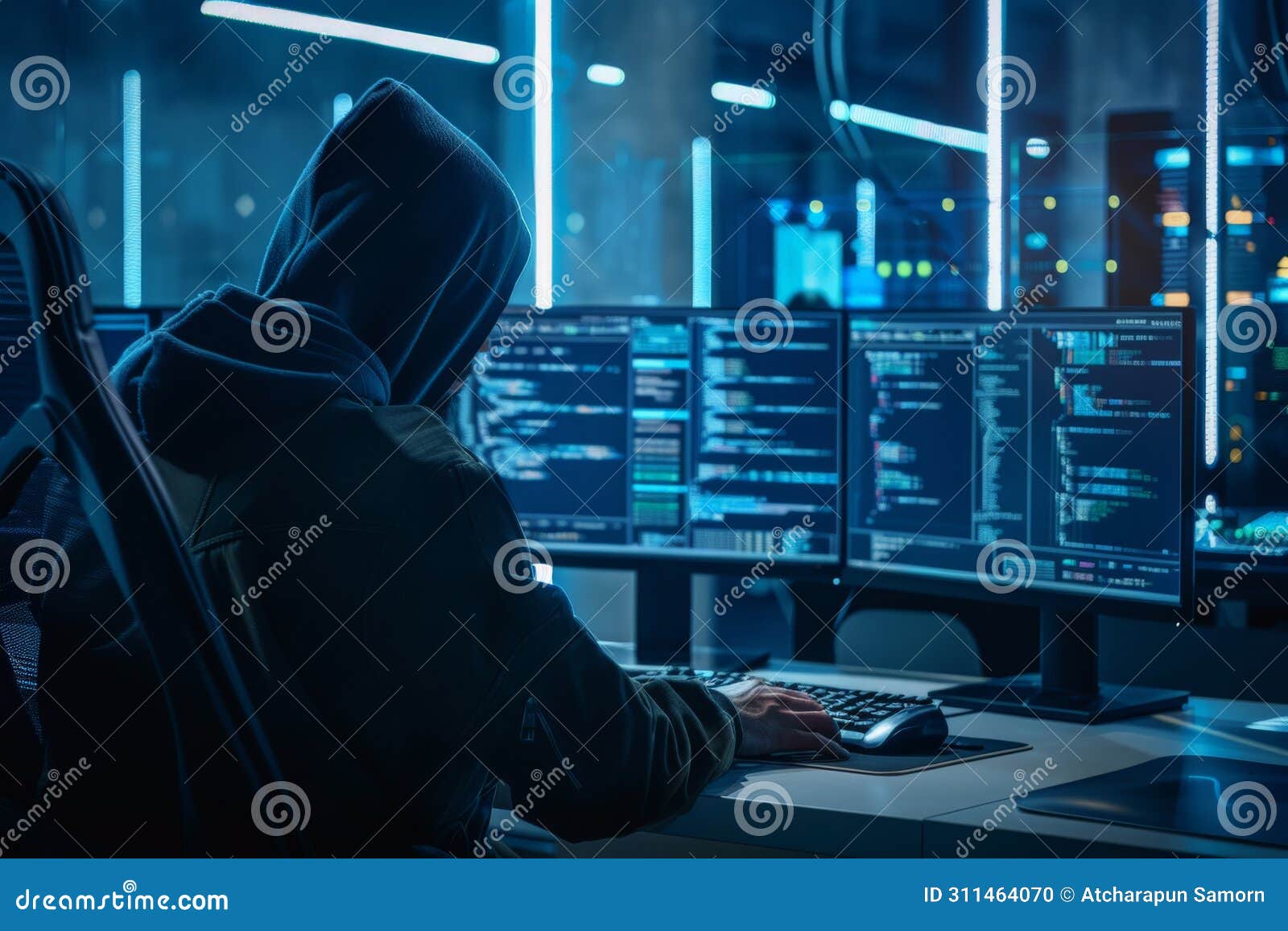 Cybersecurity and Hacker, Computer Hacker in Mask and Hoodie Over Abstract Binary Background ...