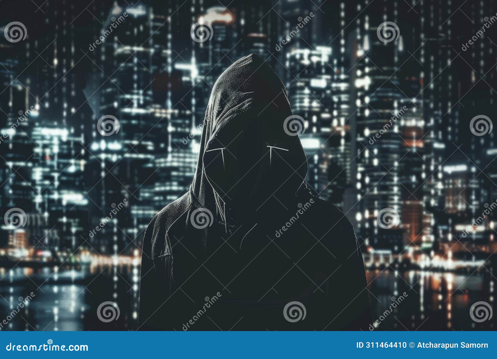 Cybersecurity and Hacker, Computer Hacker in Mask and Hoodie Over Abstract Binary Background ...
