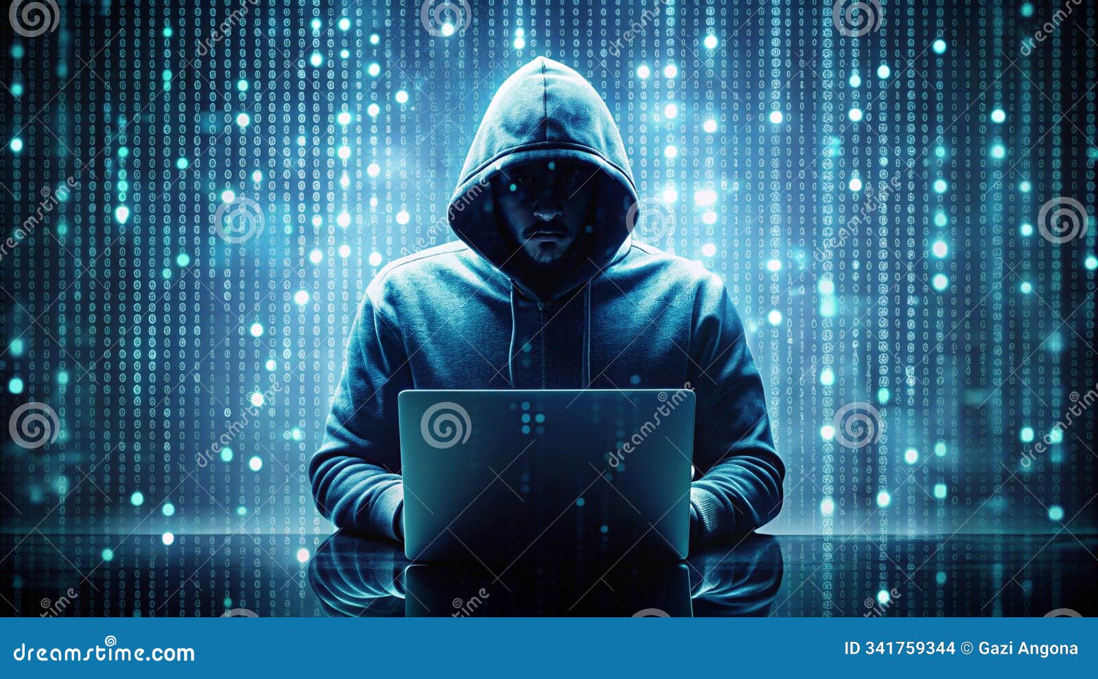 Cybersecurity Hacker Concept Hooded Figure with Laptop in Digital ...