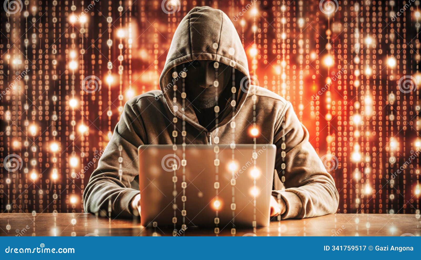 Cybersecurity Hacker Concept Hooded Figure with Laptop in Digital ...