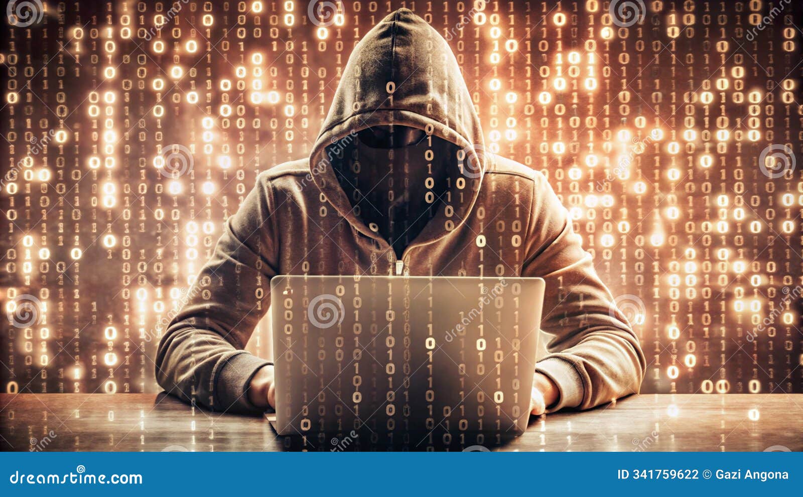 Cybersecurity Hacker Concept Hooded Figure with Laptop in Digital ...