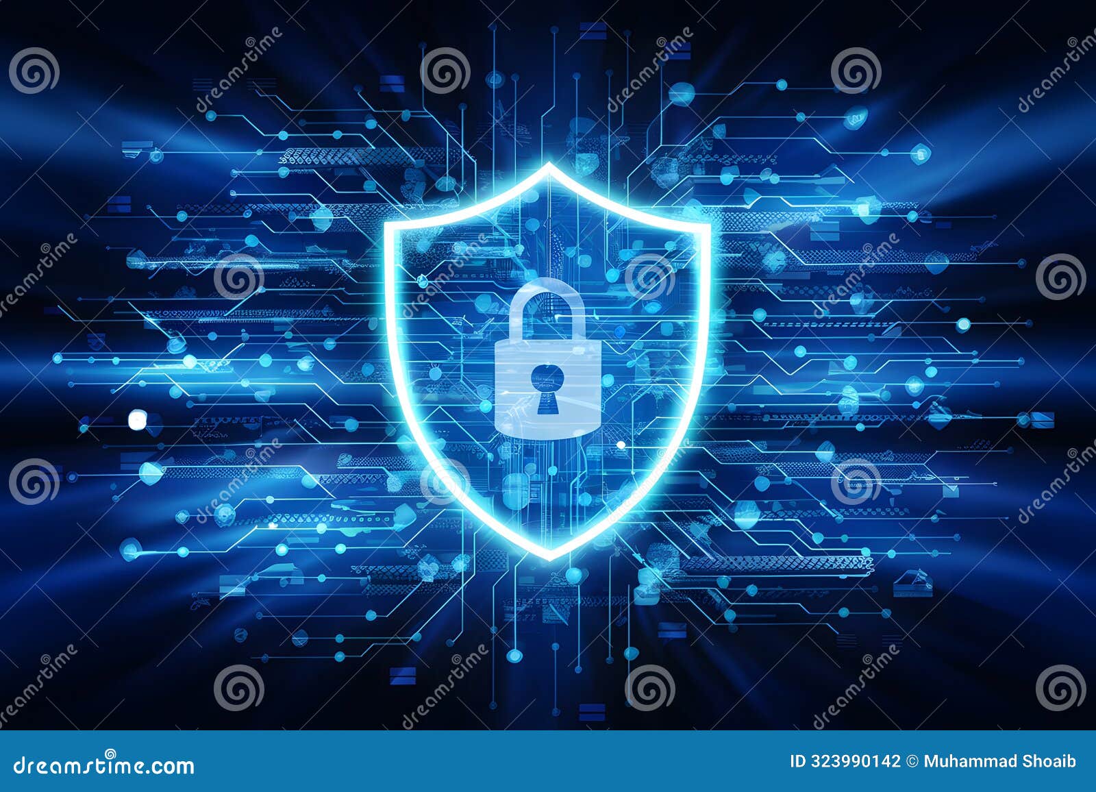 Cybersecurity Image Shield Icon in Bright Blue Amidst Abstract Digital ...