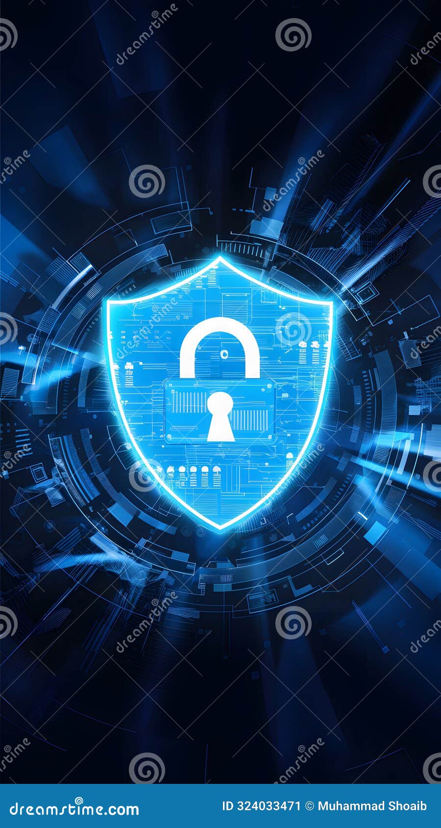 Cybersecurity Image Shield Icon in Bright Blue Amidst Abstract Digital ...