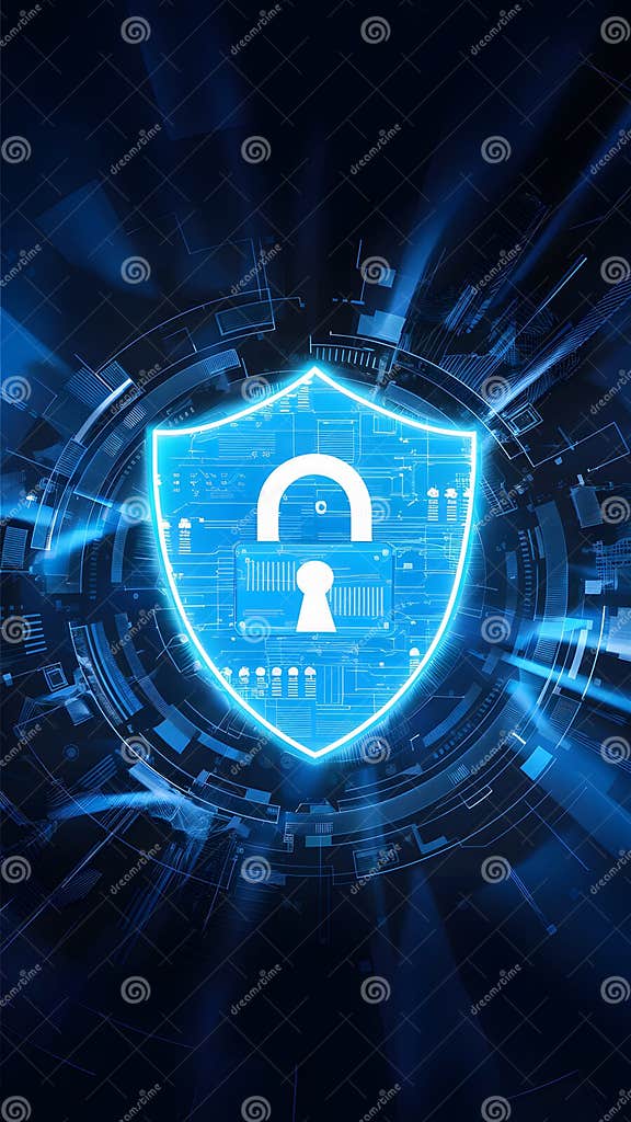 Cybersecurity Image Shield Icon in Bright Blue Amidst Abstract Digital ...