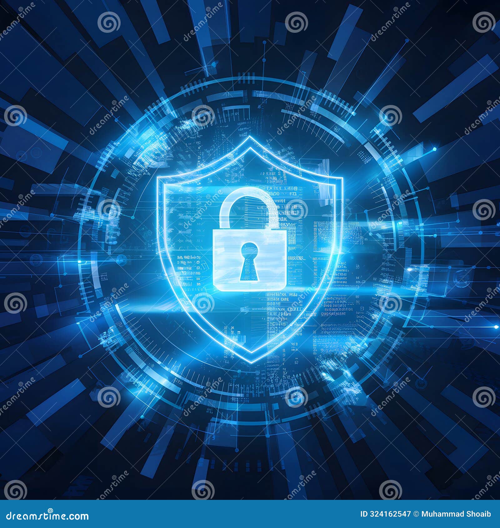 Cybersecurity Image Shield Icon in Bright Blue Amidst Abstract Digital ...