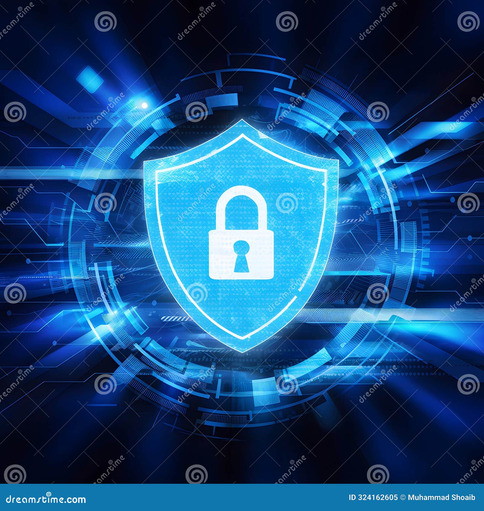 Cybersecurity Image Shield Icon in Bright Blue Amidst Abstract Digital ...
