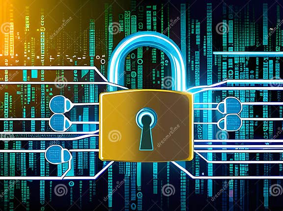 Cybersecurity Lock and Digital Data Streams on a Technology Background ...