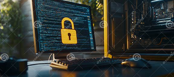 Cybersecurity Lock Icon on Computer Screen with Code, Data Protection ...