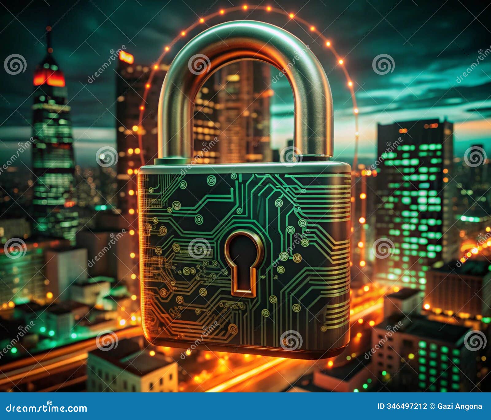 Cybersecurity Lock in Neon Cityscape Generative Ai Stock Illustration ...