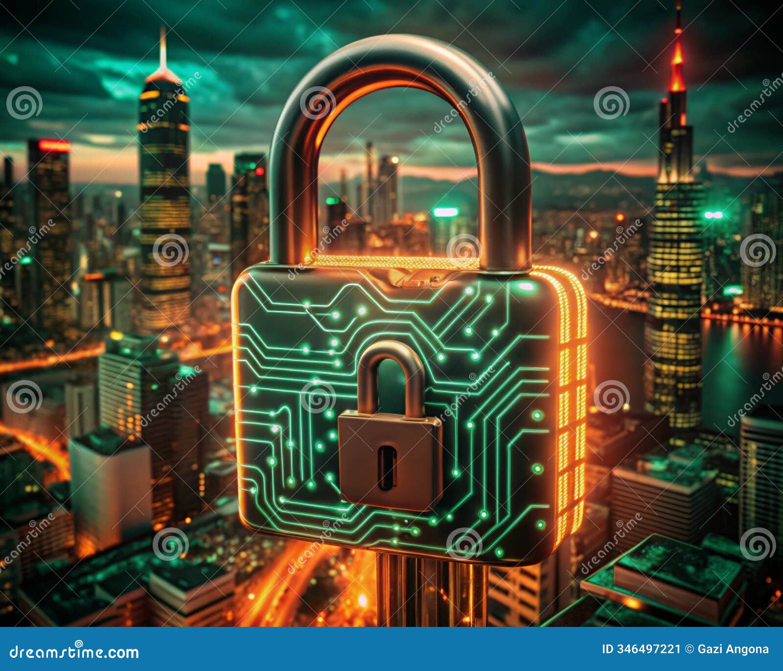 Cybersecurity Lock in Neon Cityscape Generative Ai Stock Illustration ...