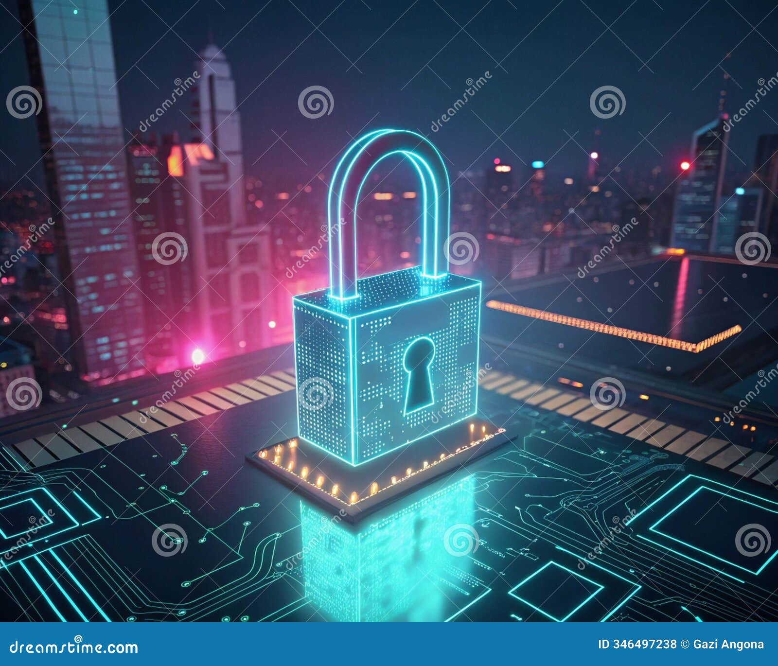Cybersecurity Lock in Neon Cityscape Generative Ai Stock Illustration ...
