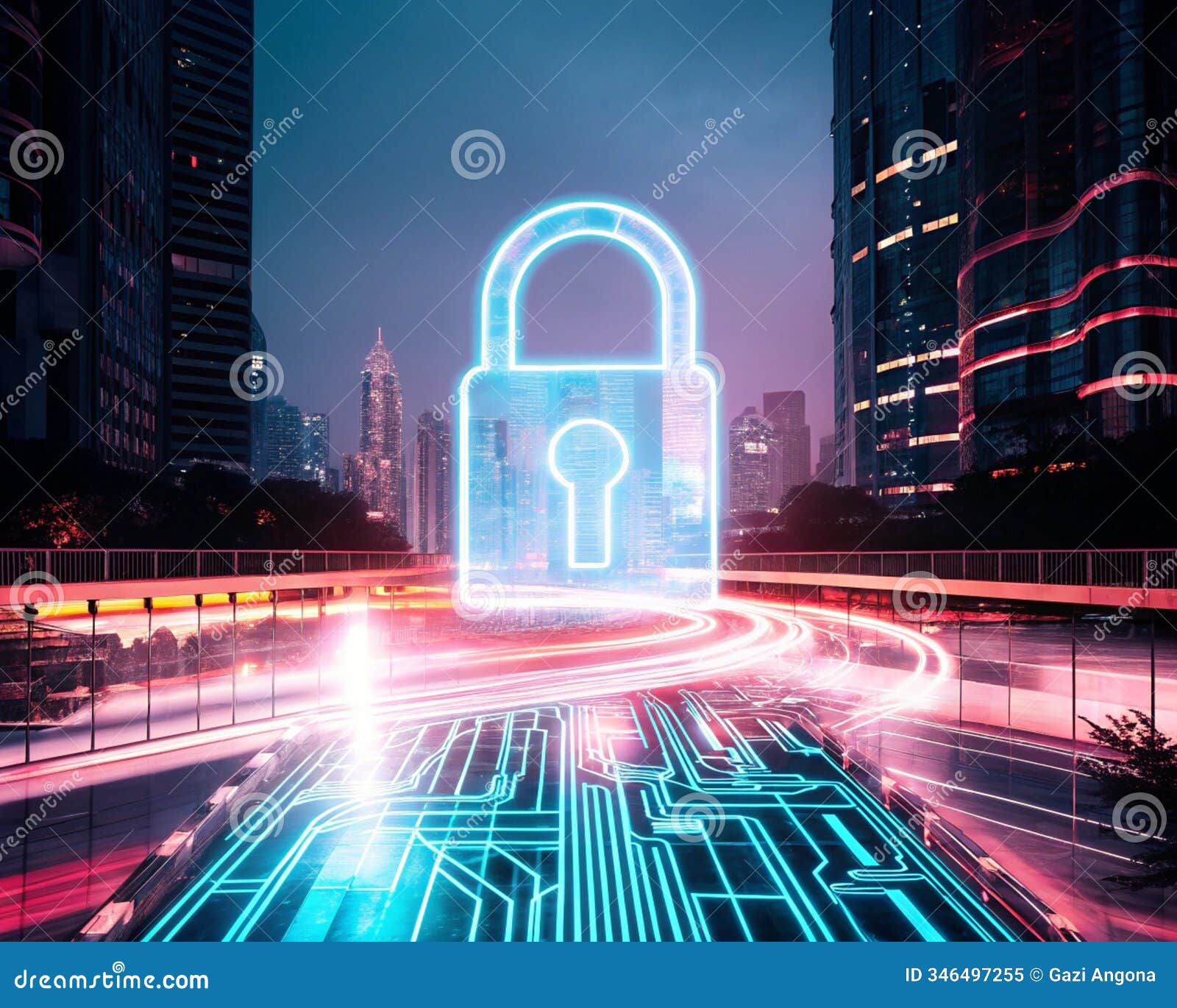 Cybersecurity Lock in Neon Cityscape Generative Ai Stock Illustration ...