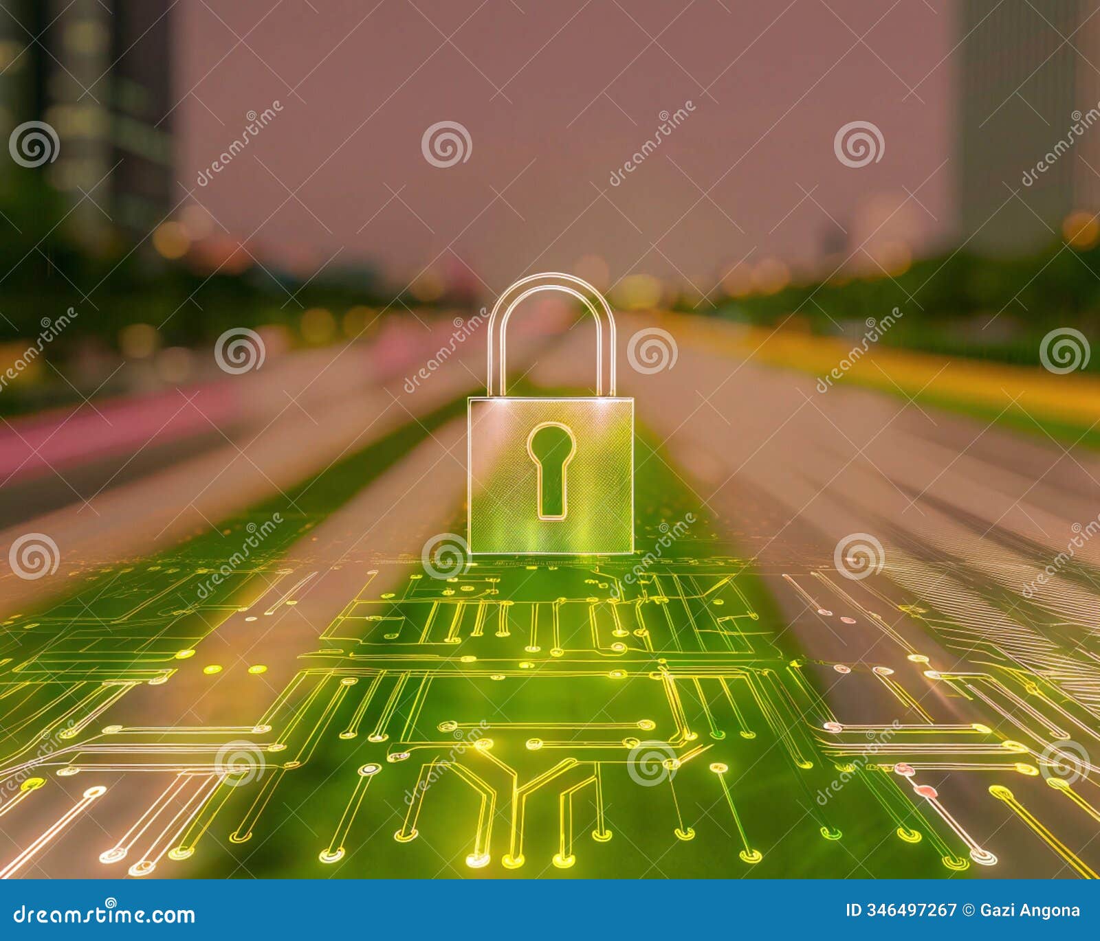 Cybersecurity Lock in Neon Cityscape Generative Ai Stock Illustration ...