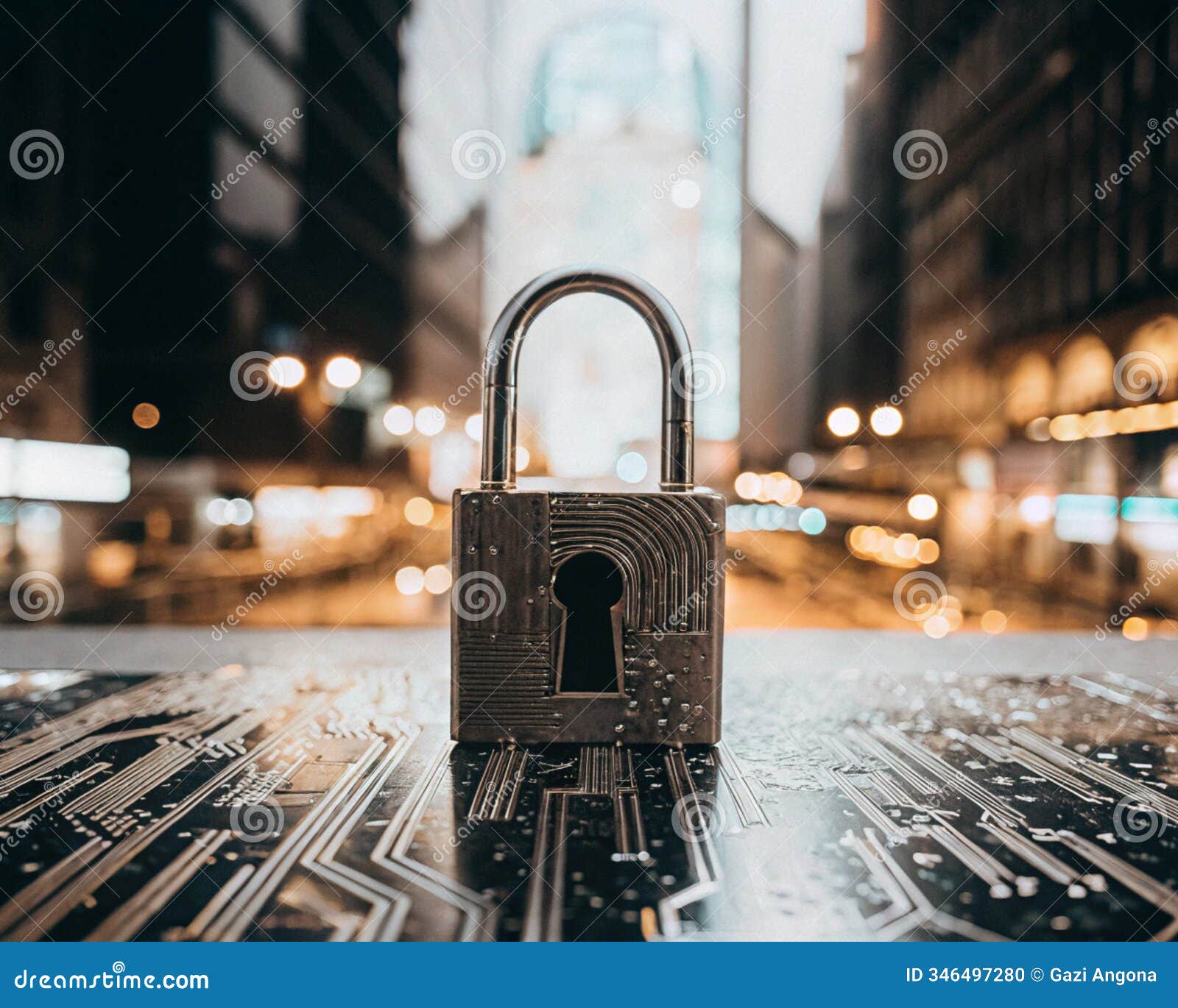 Cybersecurity Lock in Neon Cityscape Generative Ai Stock Illustration ...