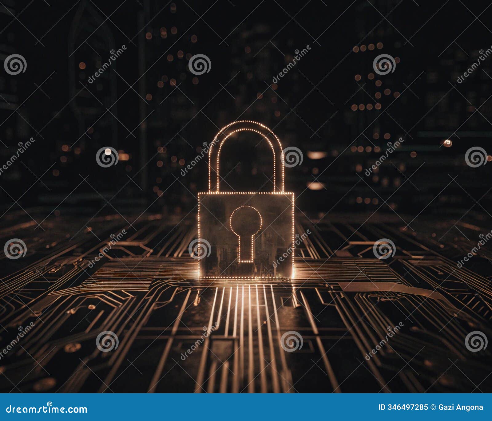 Cybersecurity Lock in Neon Cityscape Generative Ai Stock Illustration ...