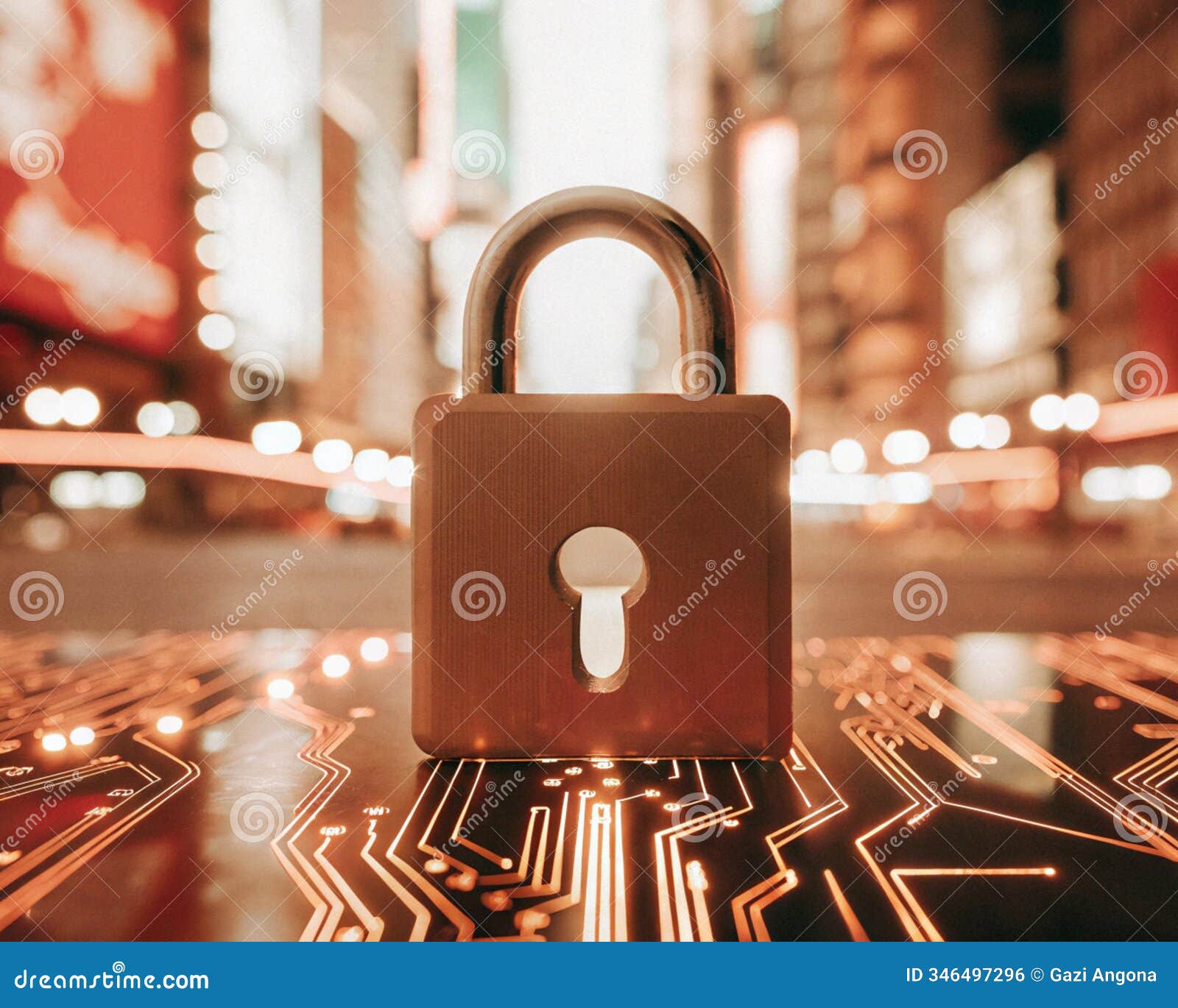 Cybersecurity Lock in Neon Cityscape Generative Ai Stock Illustration ...