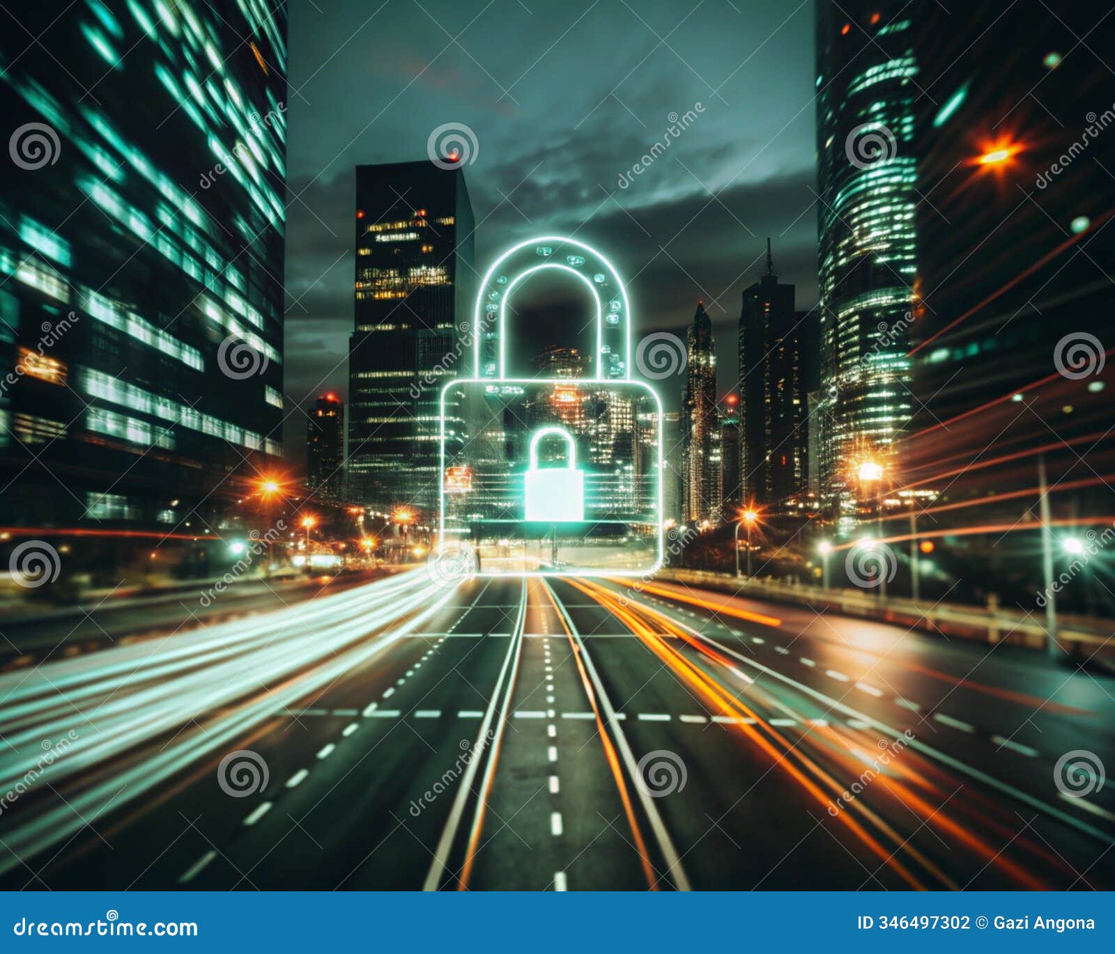 Cybersecurity Lock in Neon Cityscape Generative Ai Stock Illustration ...