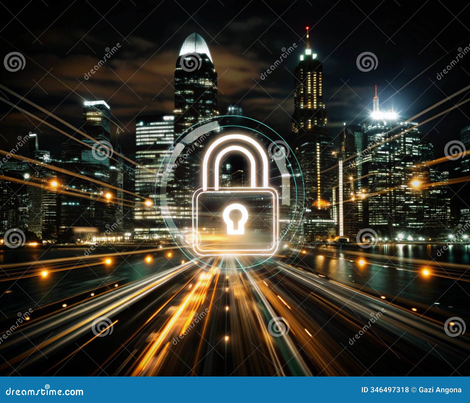 Cybersecurity Lock in Neon Cityscape Generative Ai Stock Illustration ...