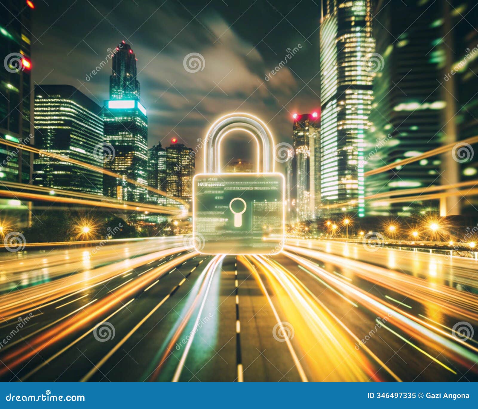 Cybersecurity Lock in Neon Cityscape Generative Ai Stock Illustration ...