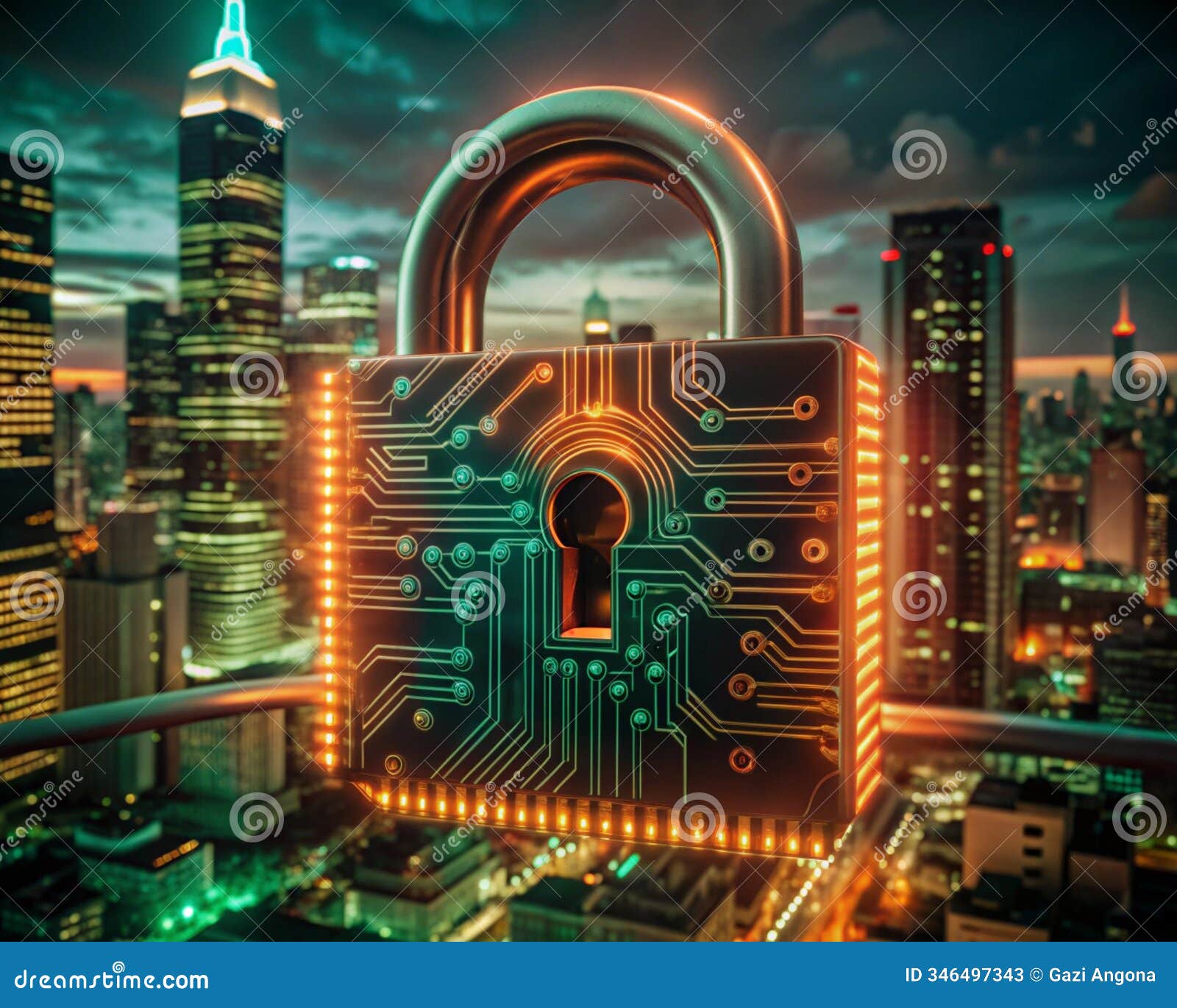 Cybersecurity Lock in Neon Cityscape Generative Ai Stock Illustration ...