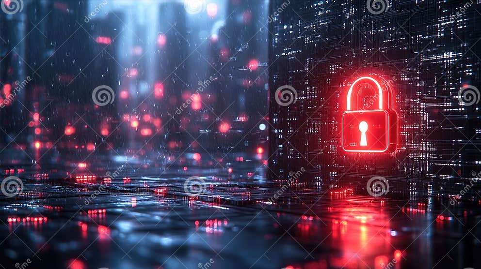 Cybersecurity Lock with Red Glowing Data Stock Photo - Image of safe ...