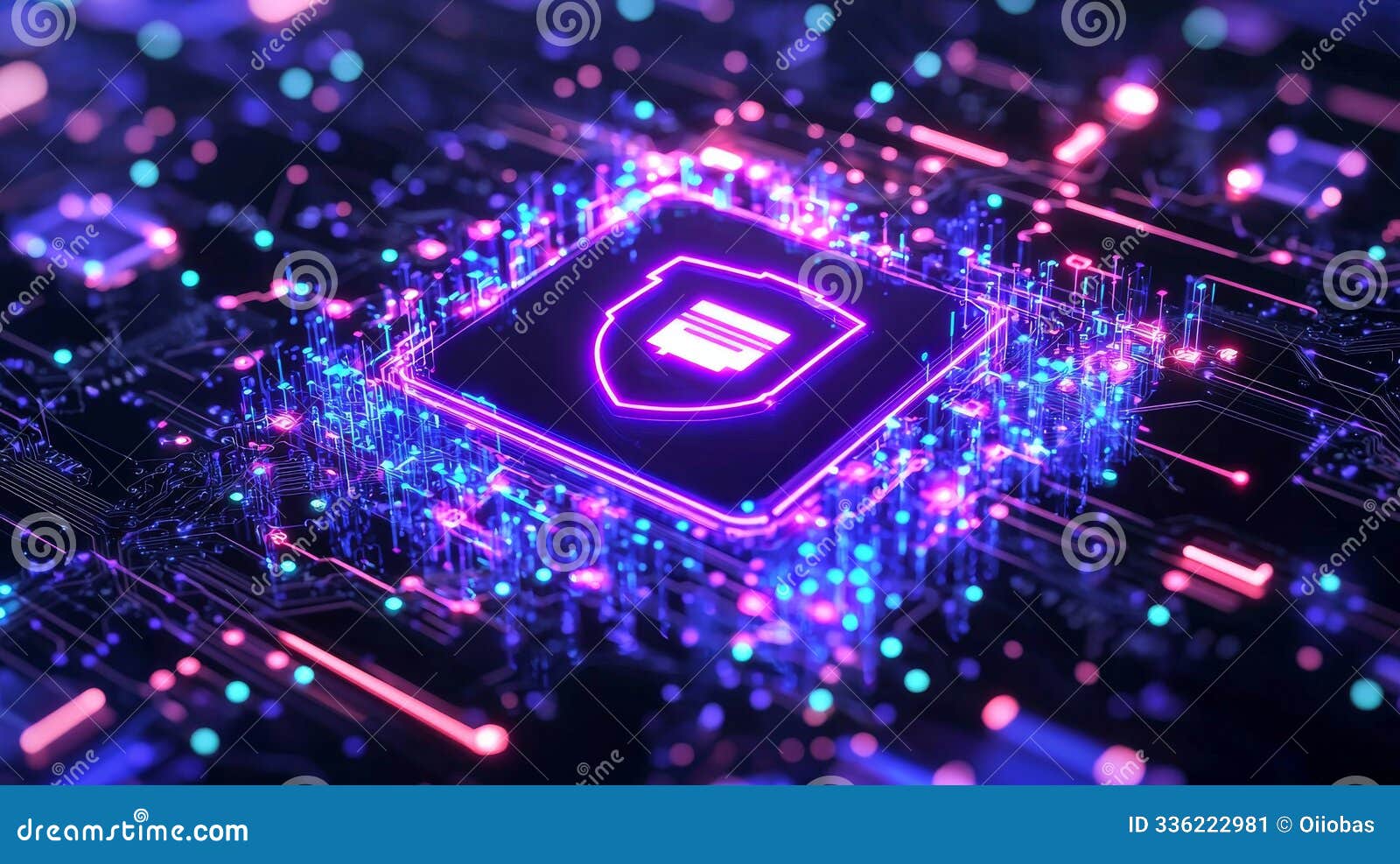 Cybersecurity Neon Shield on a Circuit Board - Digital Illustration ...