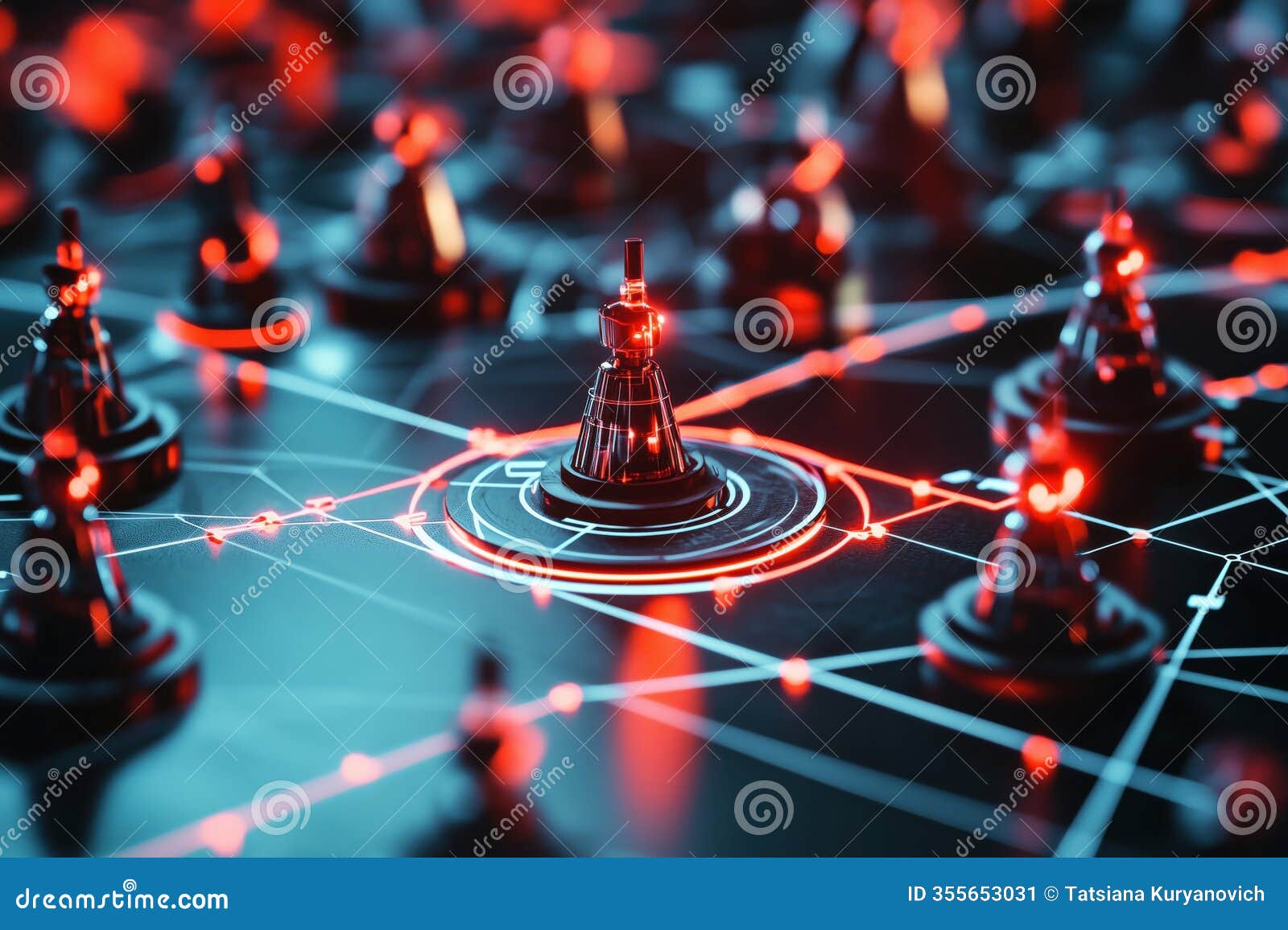 Cybersecurity Network with Glowing Nodes and Central Tower, Digital ...