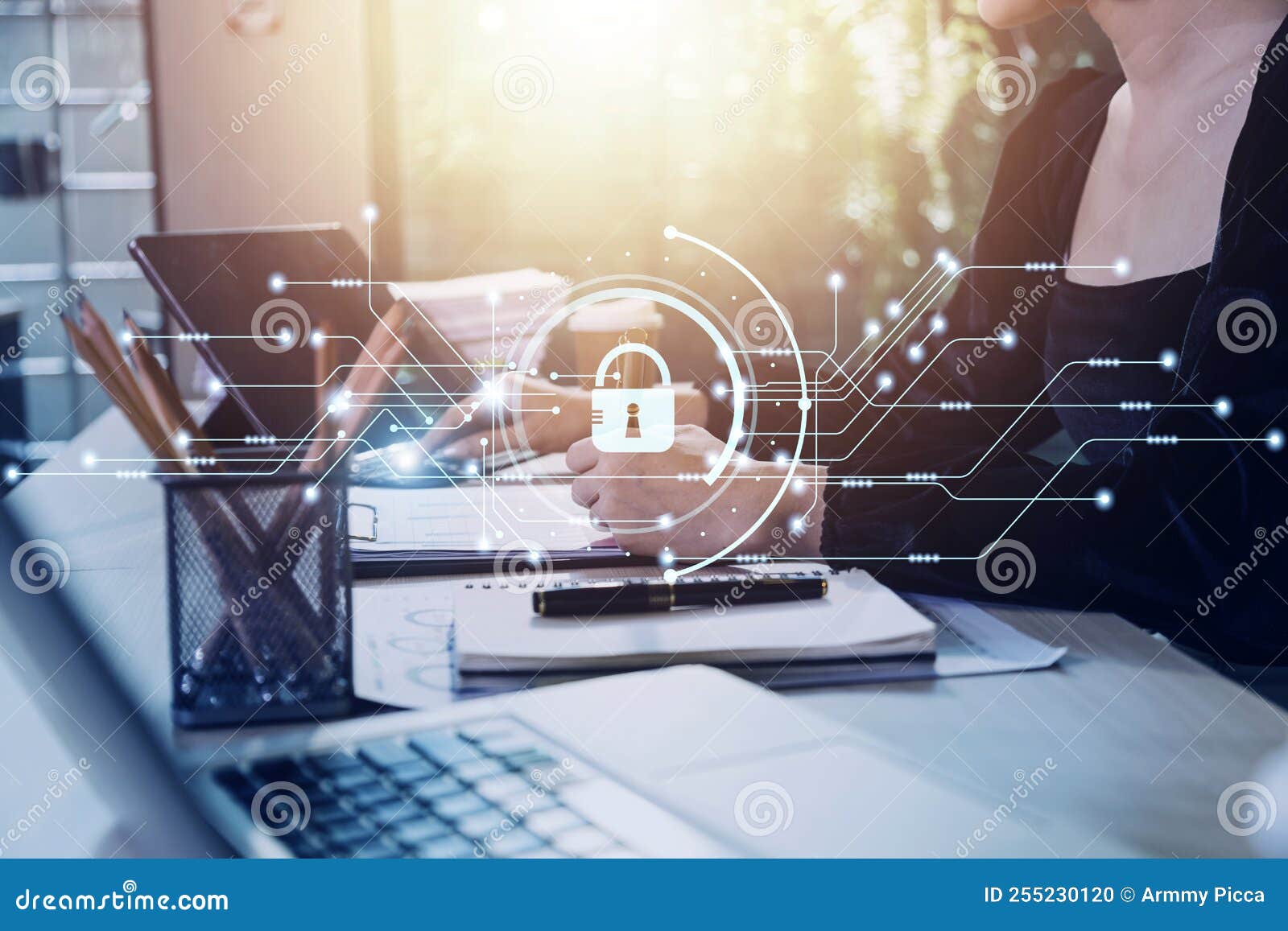 Cybersecurity and Privacy Concepts To Protect Data. Lock Icon and Internet Network Security ...